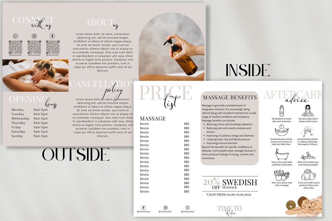 Massage Brochure Template: Trifold Therapy Price List (digital Download ...