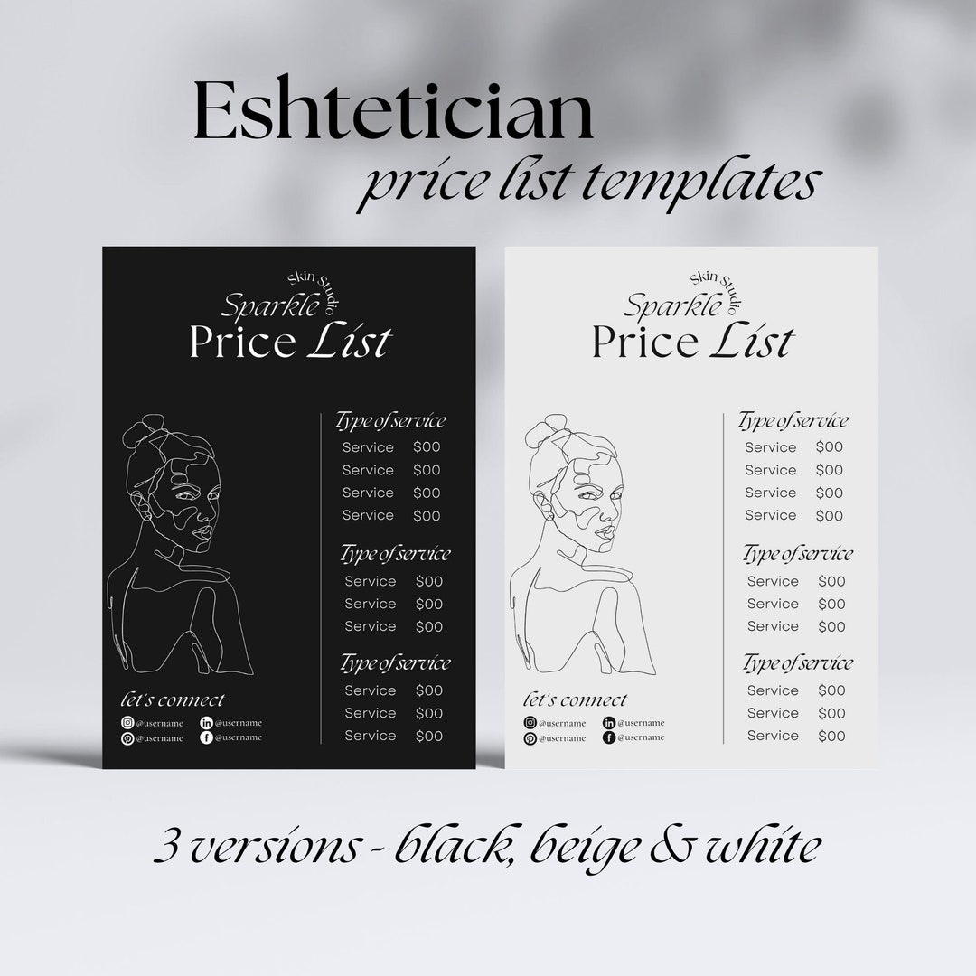 Esthetician Price List Template: Editable Beauty Salon Branding ...