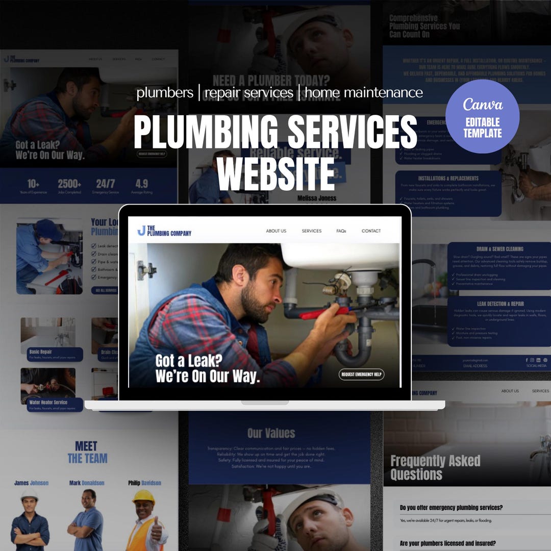 Plumbing Services Canva Website Template | Plumber Website, Handyman ...