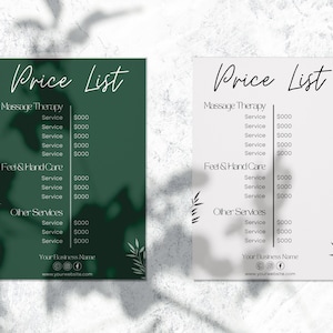 Massage Price List Template: Esthetician & Spa Pricing (canva, Instant ...