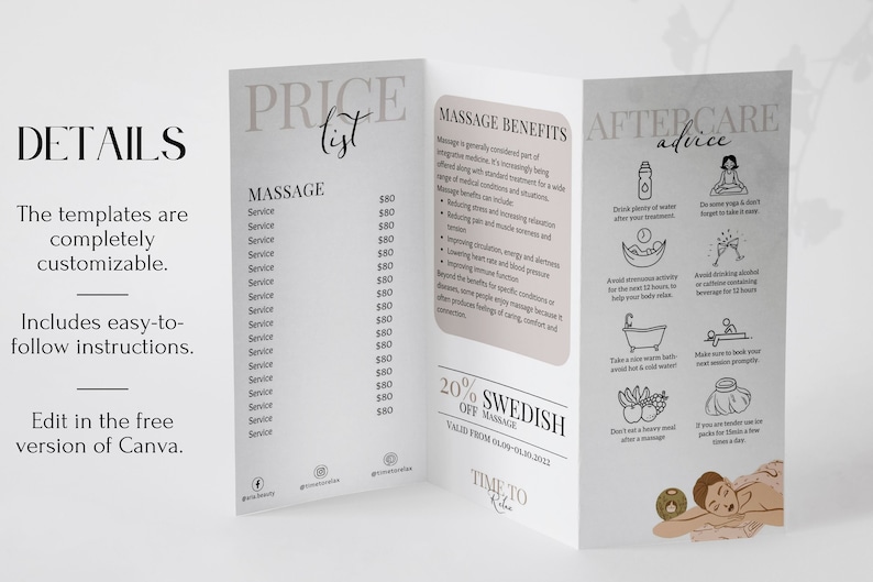 Massage Brochure Template: Trifold Therapy Price List (digital Download ...