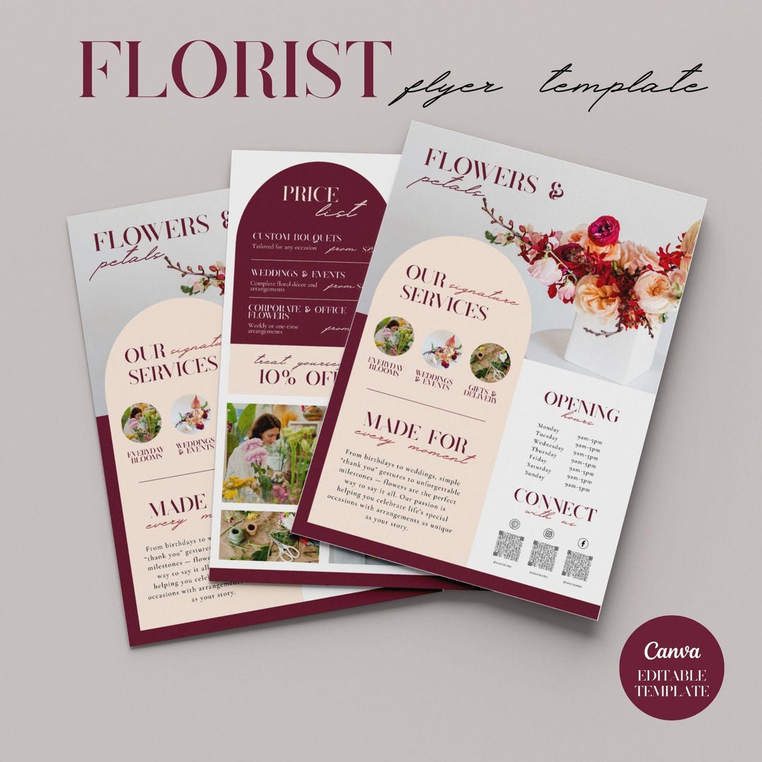 Editable Florist Flyer Template | Canva Flower Shop Marketing - Etsy