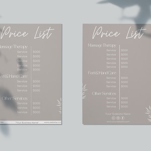 Massage Price List Template: Esthetician & Spa Pricing (canva, Instant ...