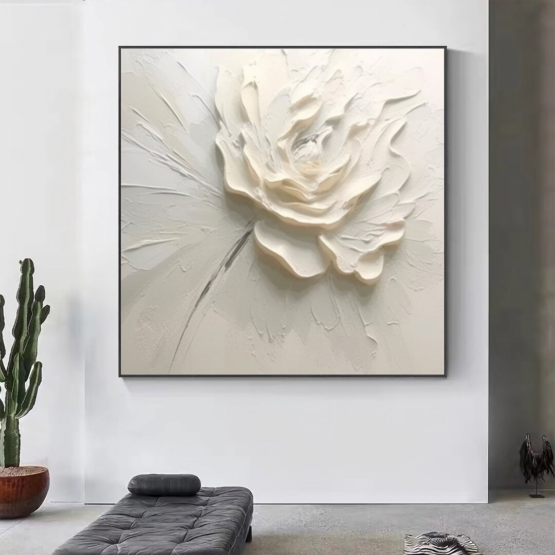 Large Flower Abstract Art Creamy Flower Painting White Textured Floral ...