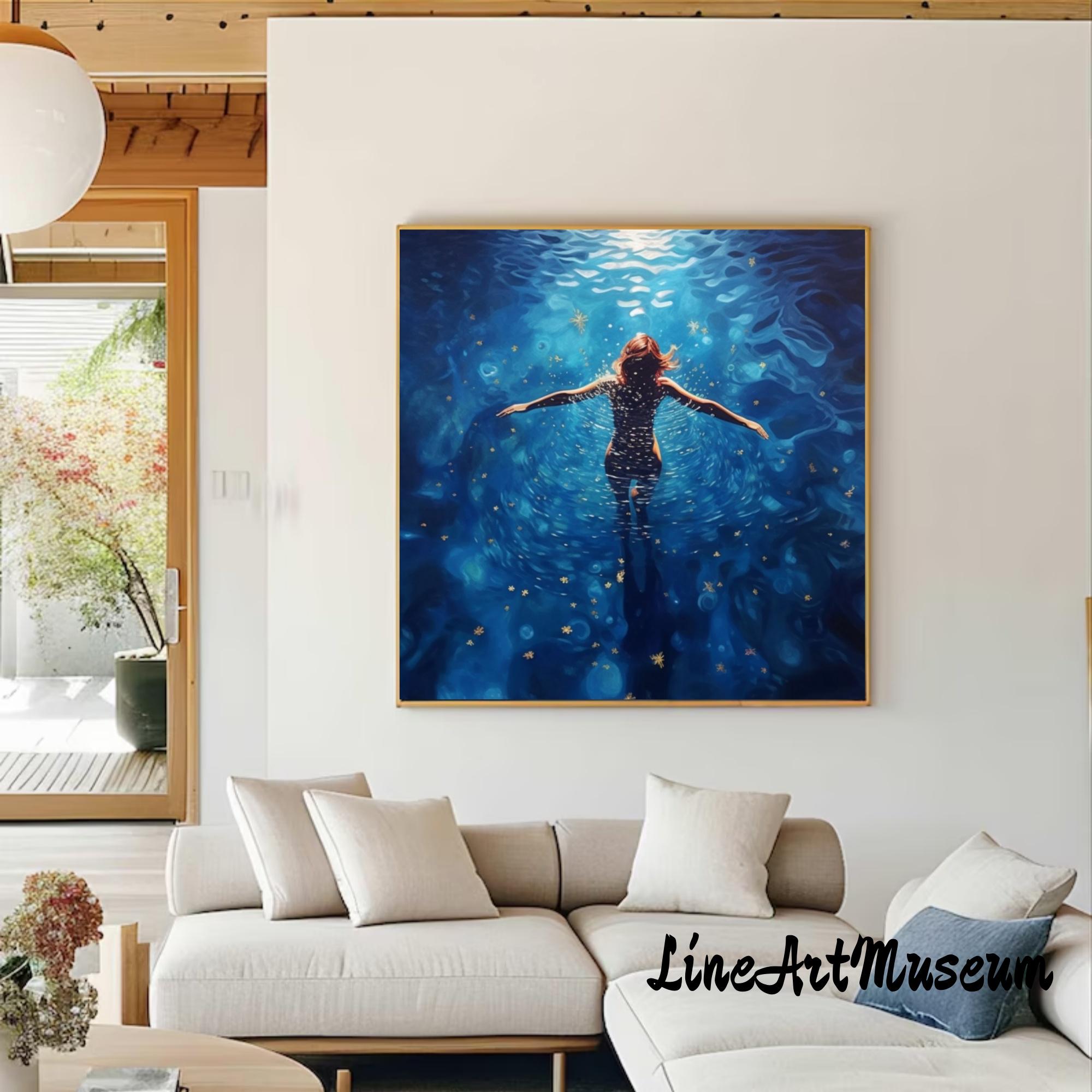 Diving Girl Oil Painting, Blue Abstract Underwater Canvas Art - Etsy