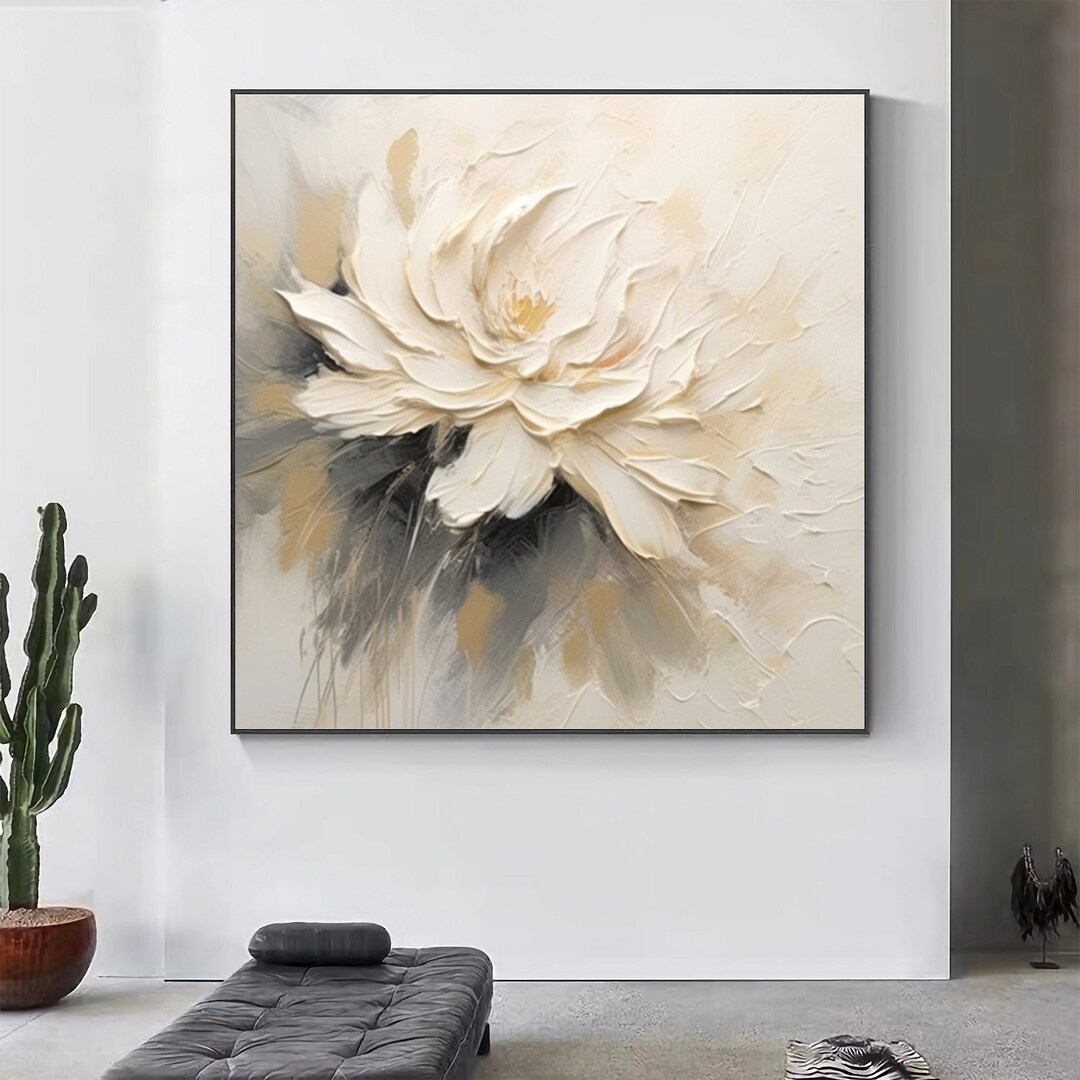 3D White Flower Creamy Floral Painting on Canvas Abstract Wall Art ...