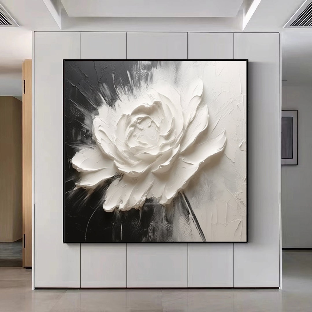 Abstract White Rose Flower Original White Flower Painting Black and ...