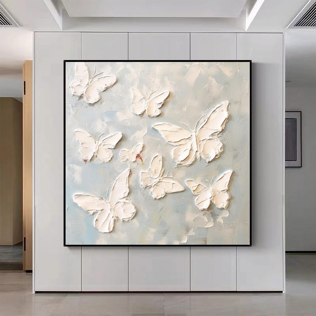 White Blue Butterfly Painting Beige Wall Art Blue Butterfly Wall Decor ...