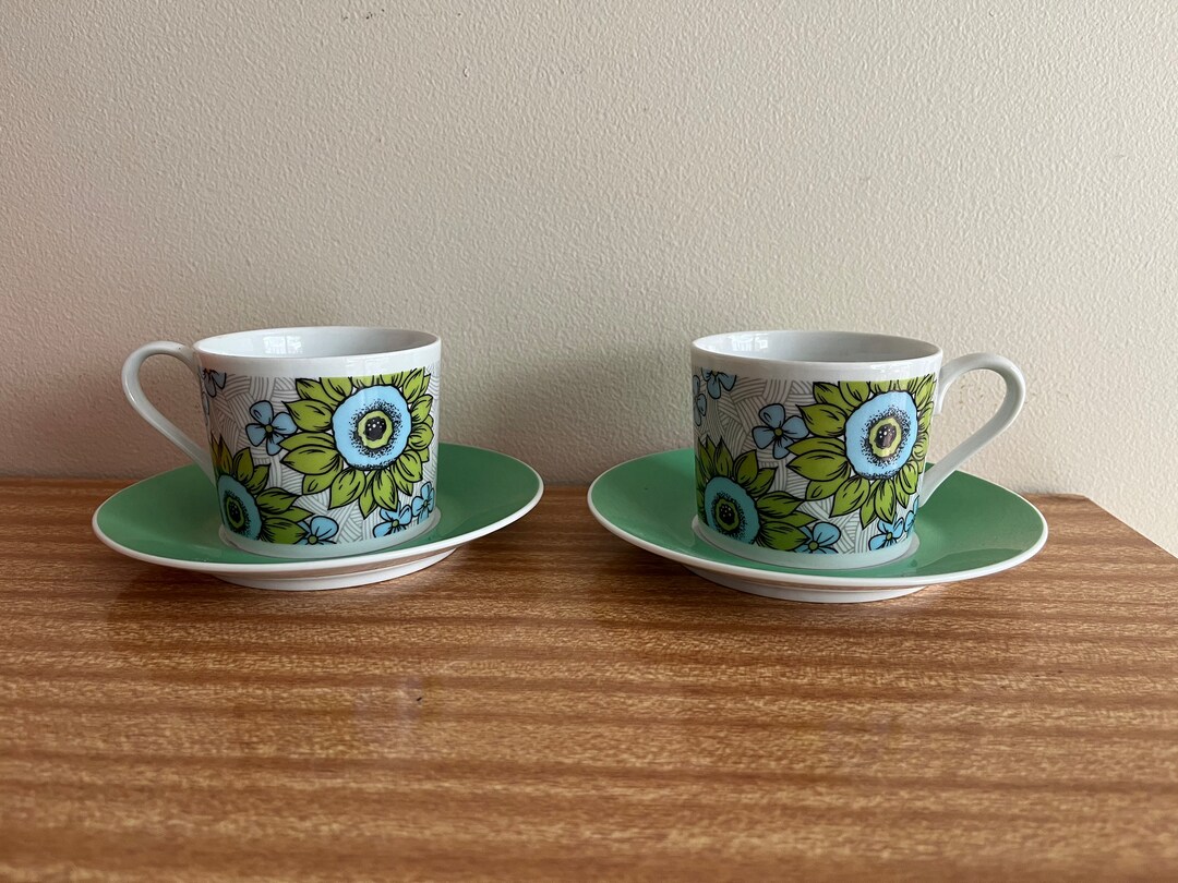 Pair Retro Coffee Cups Green Sunflower Design - Made in Japan - Etsy