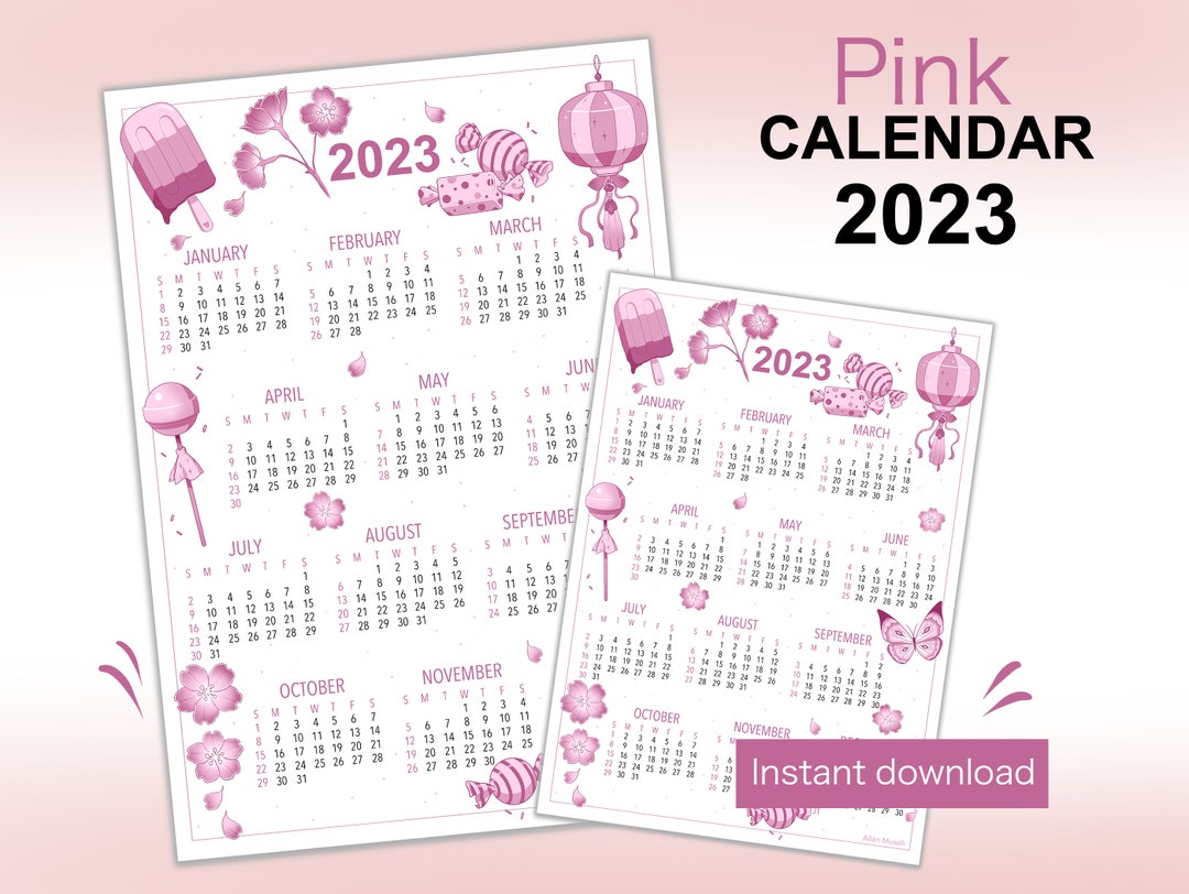 Pink 2023 Calendar - Year at a Glance - 1 Page - Printable PDF, Instant ...