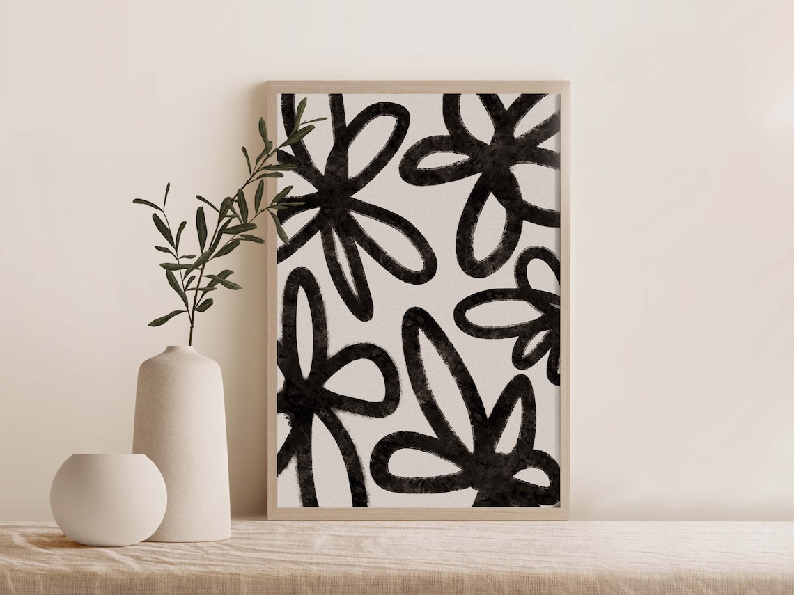 Black Abstract Flower Art Print, Black and White Abstract Art, Printable Art, Gallery Wall Art ...