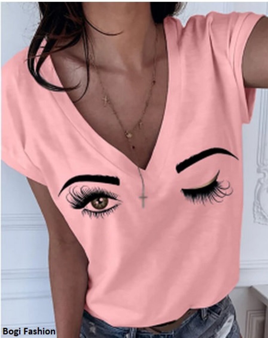 Eyebrows Eye T-shirt, V-neck Women T-shirt, Summer Casual T-shirt ...