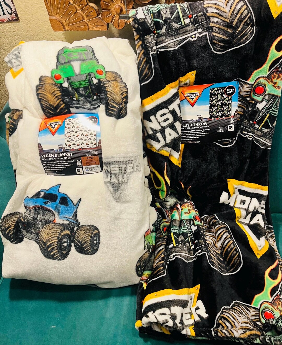 Monster Truck 90 by 90 Full / Queen Throw and 50 by 70 Black Throw ...