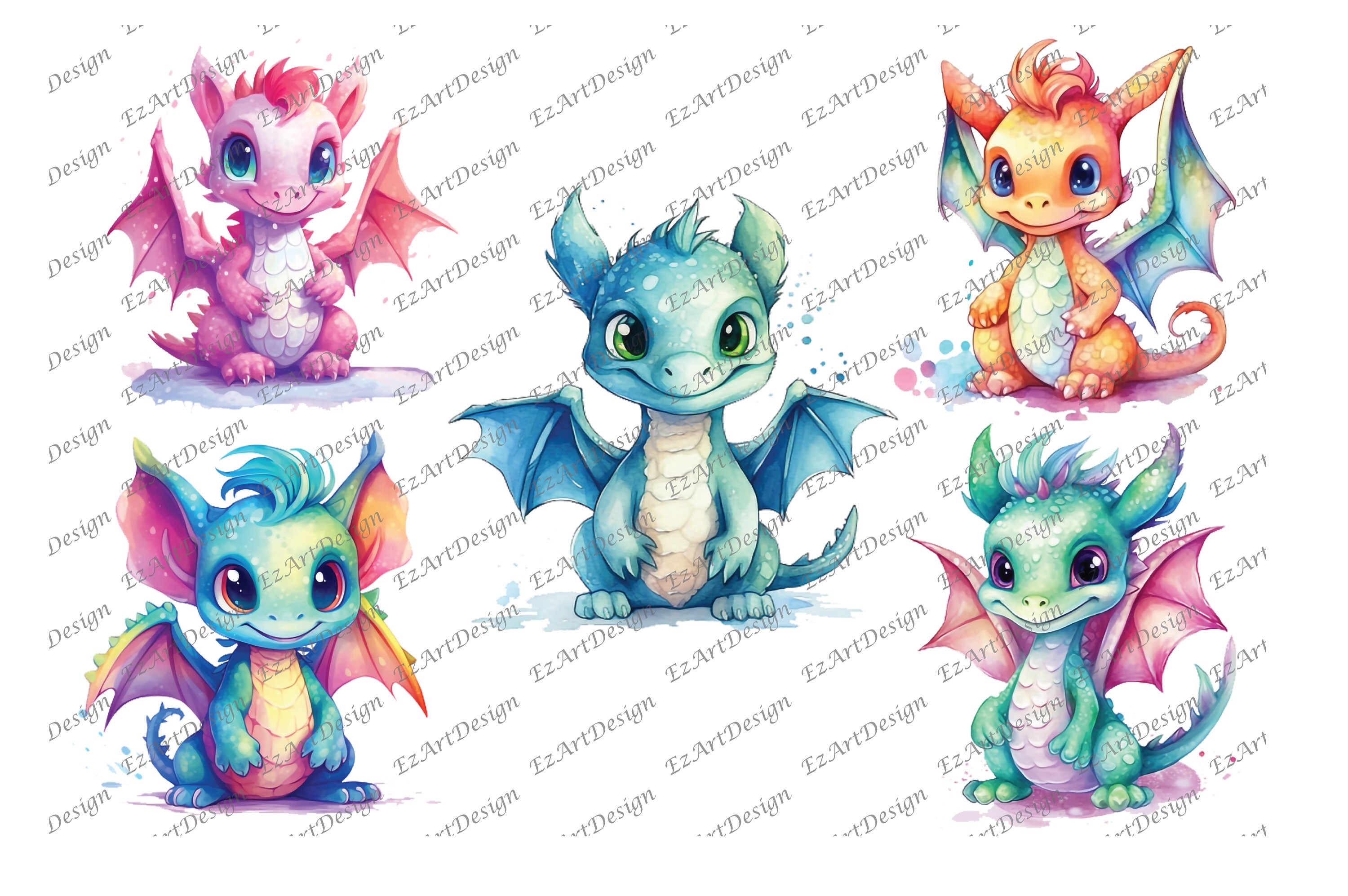 Baby Dragon Watercolor Clipart Set,cute Creatures,png Sublimation ...