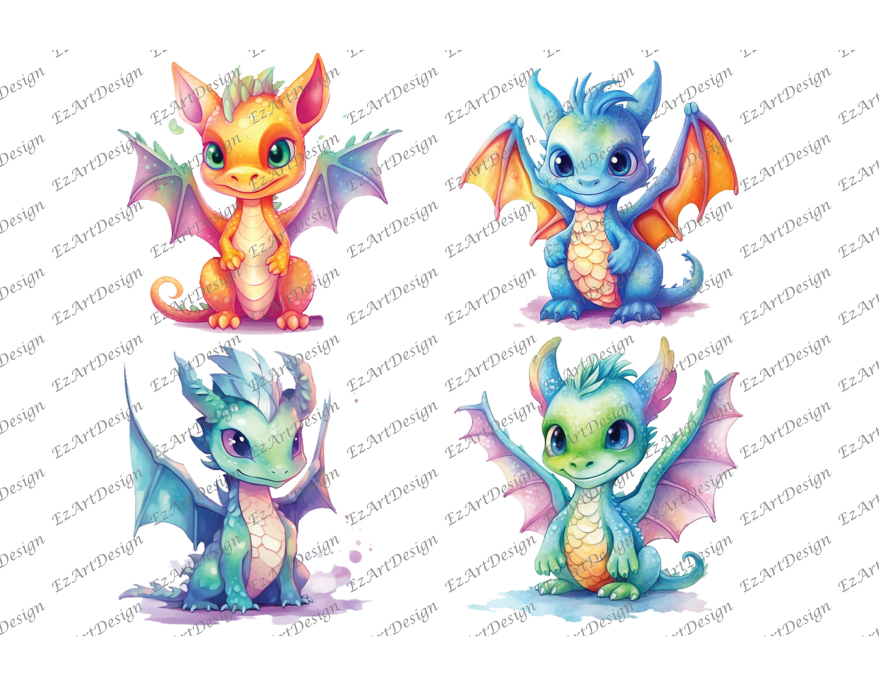 Baby Dragon Watercolor Clipart Set,cute Creatures,png Sublimation ...