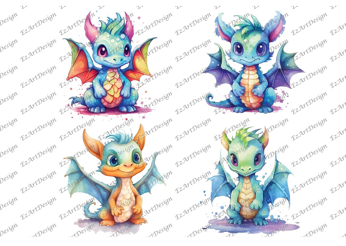 Baby Dragon Watercolor Clipart Set,cute Creatures,png Sublimation ...