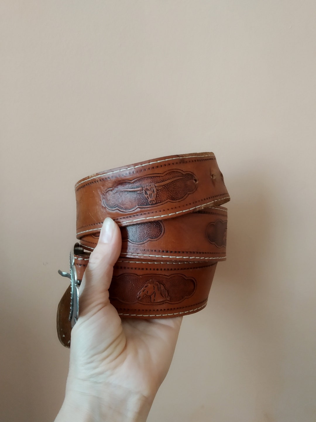 Vintage Men Western Horse and Bison Belt, Cowboy Brown Engraved Leather ...