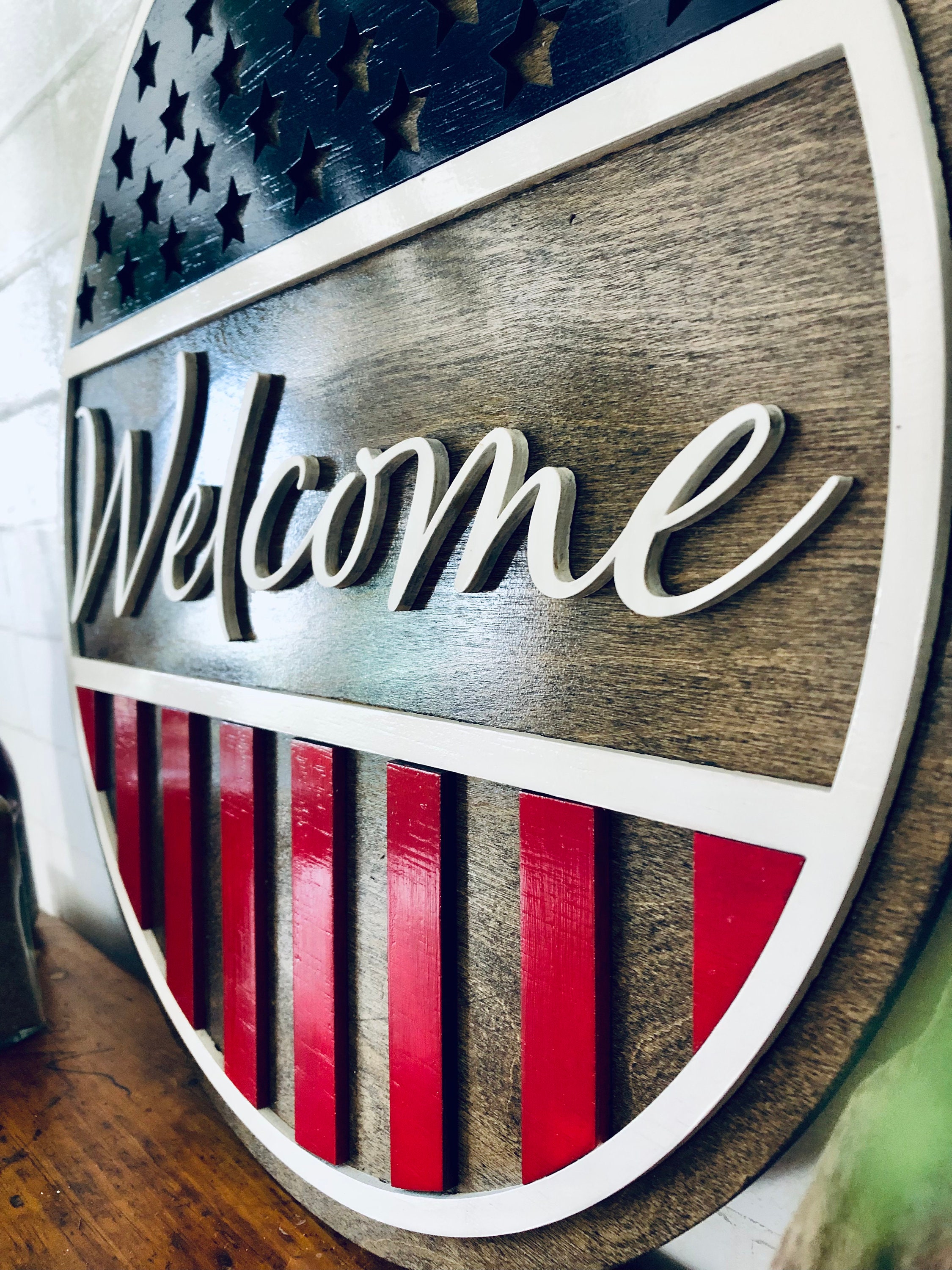 Patriotic Welcome Sign Red White & Blue Welcome Sign 3D Wooden USA Sign ...