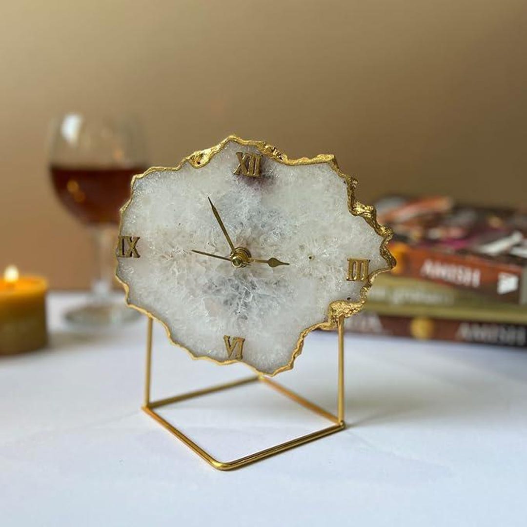 Handmade Agate Table Clock With Stand | Gold Edge Crystal Stone Desk ...