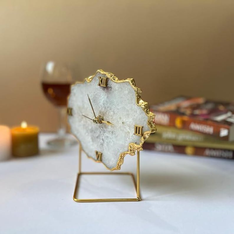Handmade Agate Table Clock With Stand | Gold Edge Crystal Stone Desk ...