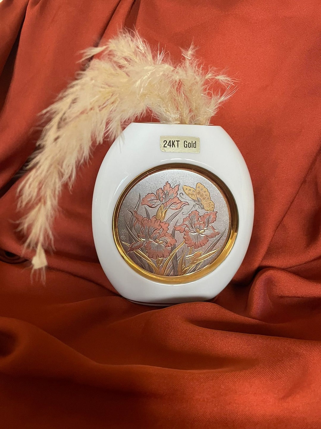 24k Gold Edged Collectible Japanese Small Flat Vase With Silver and ...