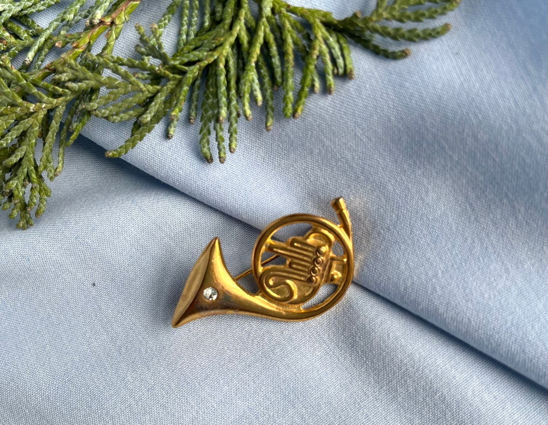 Vintage Gold Tone French Horn Brooch, Rhinestone Accent - Etsy