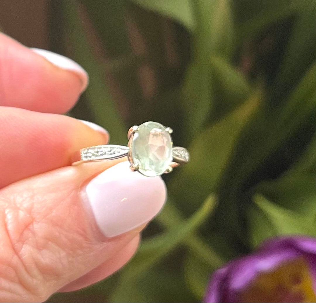 9K Gold Hallmarked Stackable Ring With Prasiolite Central Stone and Tiny Diamonds on a Band ...