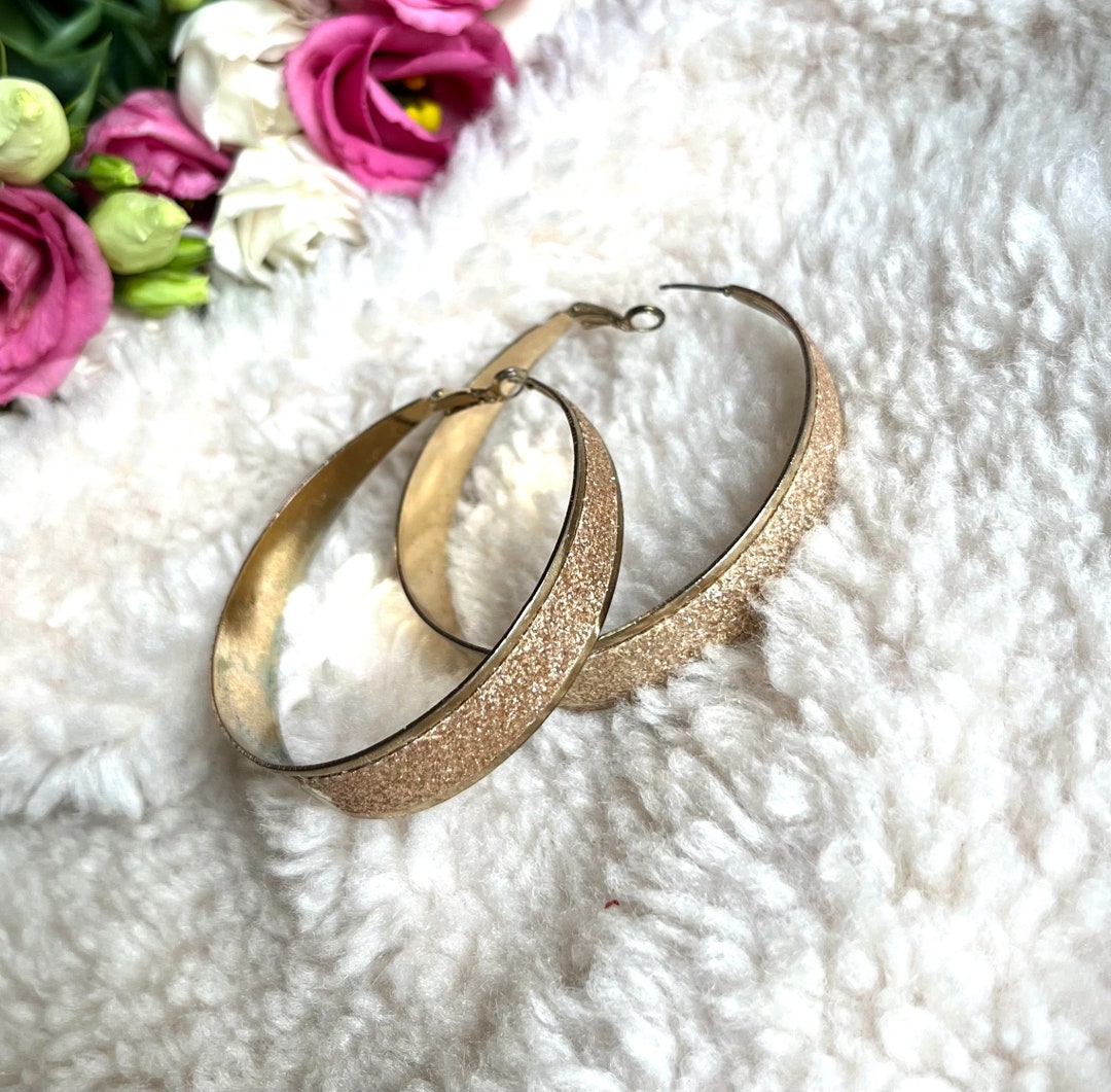 Large Hoop Made of Gold Tone Sandy Metal Vintage Stud Earrings. Vintage ...