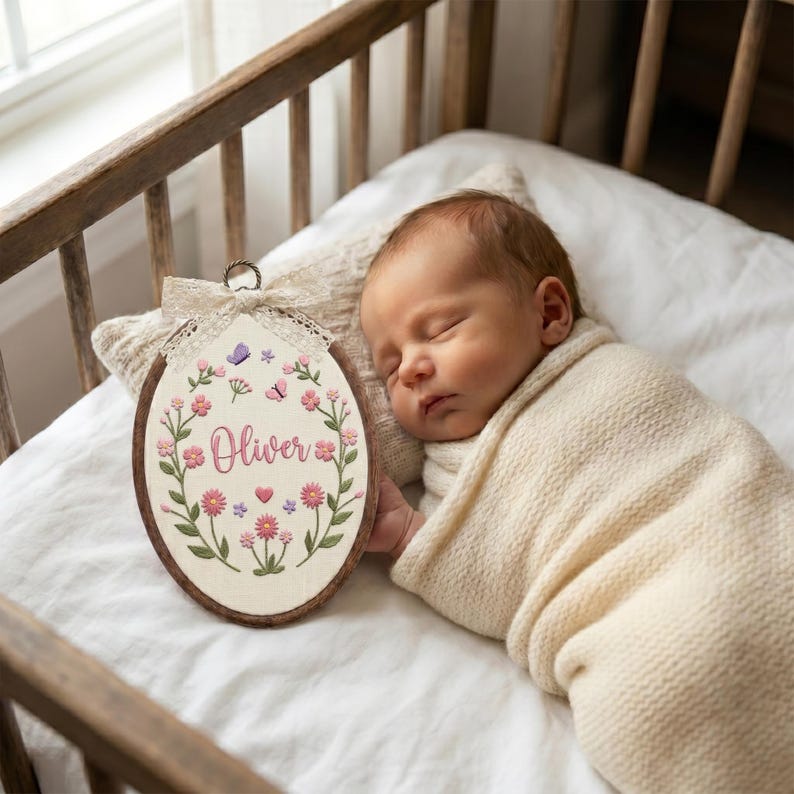 Personalized Baby Name Sign, Custom Embroidered Hoop Art, Pink Floral ...