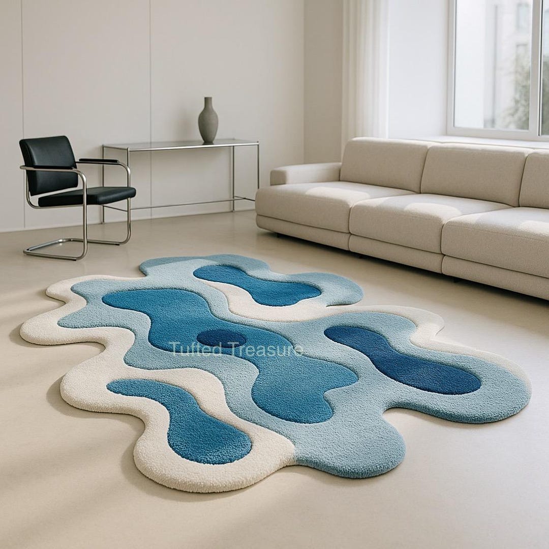 Soft Waves of Blue: Sculptural Hand-tufted Rug With Organic Edges and ...