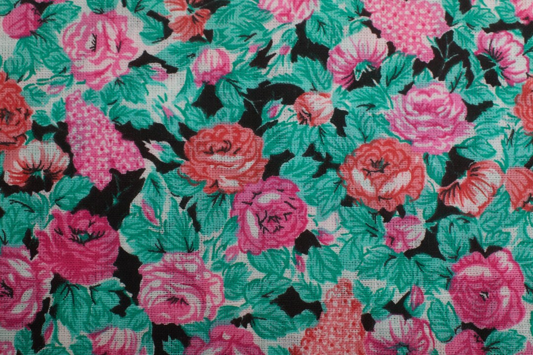 1990s Vintage Cotton Fabric, Pink Roses Lilac on Black, Retro Sewing ...