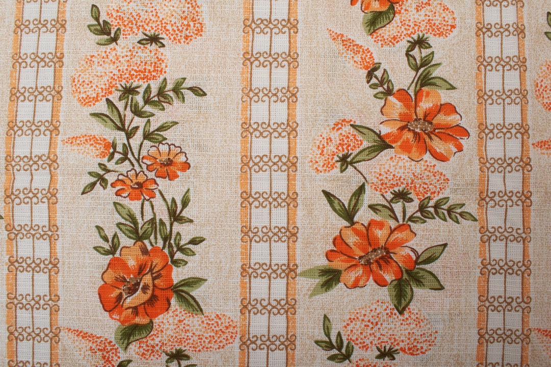 1970s Vintage Cotton Textured Fabric, Curtains Home Decor, Orange Beige ...