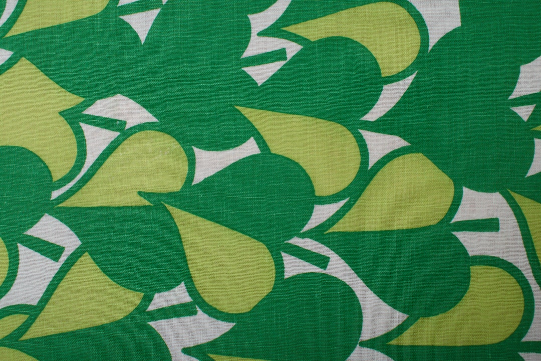 1970 Vintage Cotton Fabric, Green Leaves on White Background, Home ...