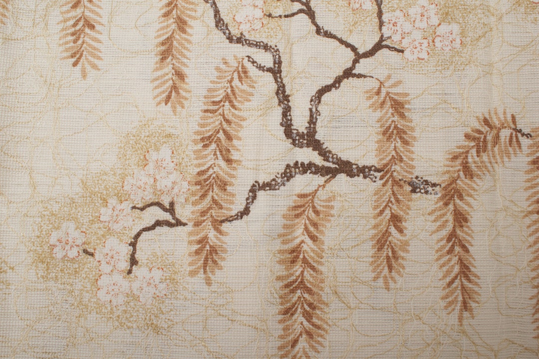 1980s Vintage Cotton Textured Fabric, Large Print Tree Flowers Beige ...