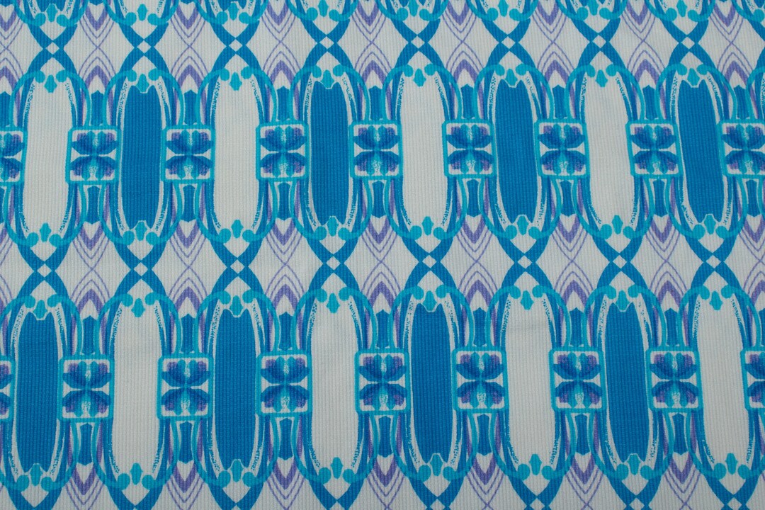 1970s Vintage Cotton Textured Fabric, Turquoise White Geometry ...