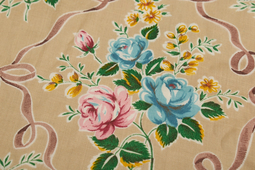 1970s Vintage French Cotton Fabric, Ribbon Roses on a Beige Background ...