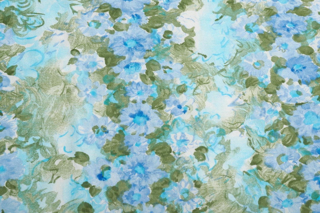 2.6yds 1980s Vintage Cotton Fabric, Watercolor Flowers Blue Turquoise ...