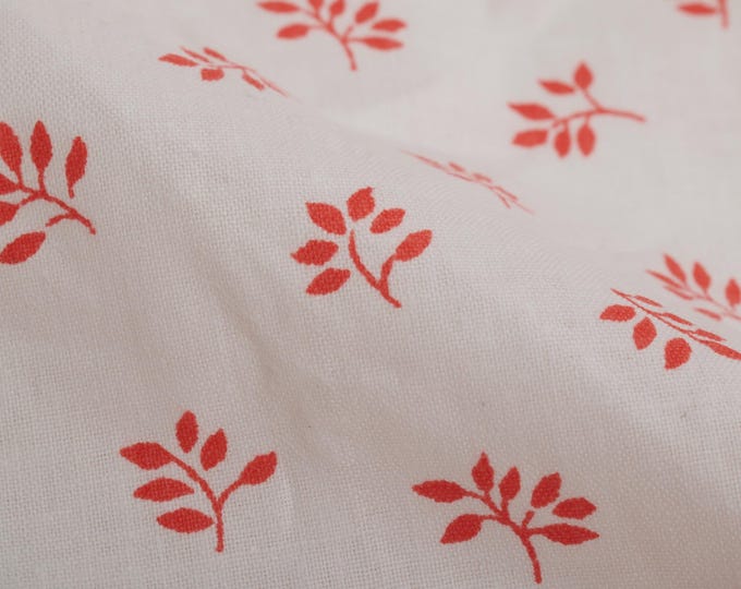 1980s Vintage Small Print Ditsy Floral Fabric, Red Sprigs of Leaves ...