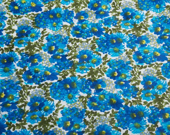 1970s Vintage Flower Fabric, Sateen Cotton, Ditsy Blue Flowers White ...