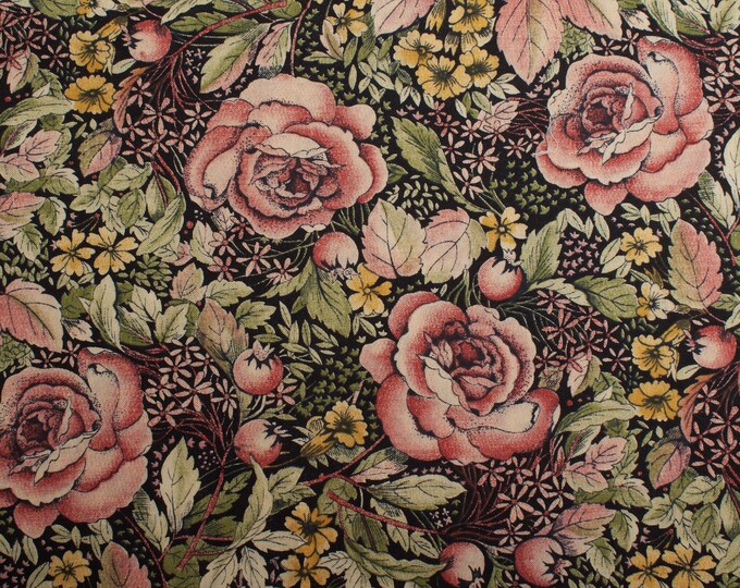 1980s Vintage Rose Floral Cotton Fabric – Romantic Pink, Green on Black ...
