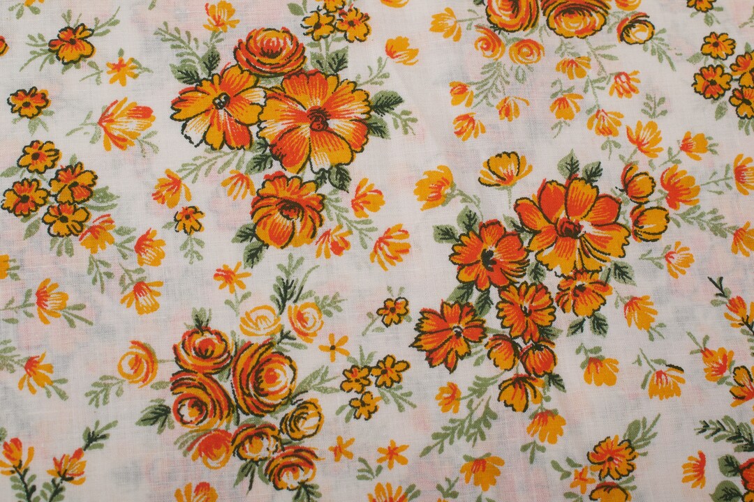 Beautiful 1980s Vintage Cotton Fabric, Orange Flowers, Sewing Material ...