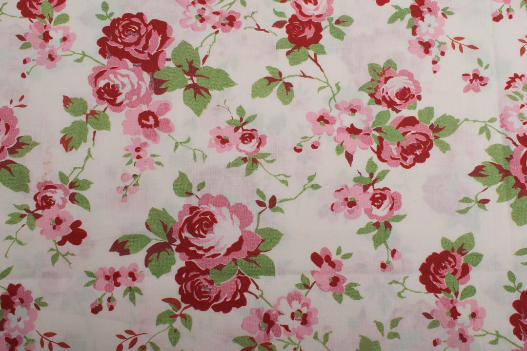 1990s Vintage Cotton Fabric, Pink Roses on White, Retro Sewing Material ...