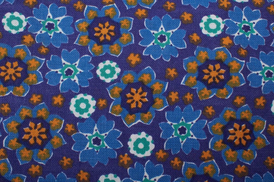 1970s Vintage Linen Fabric, Blue Orange White Flowers, Home Decor BTY ...