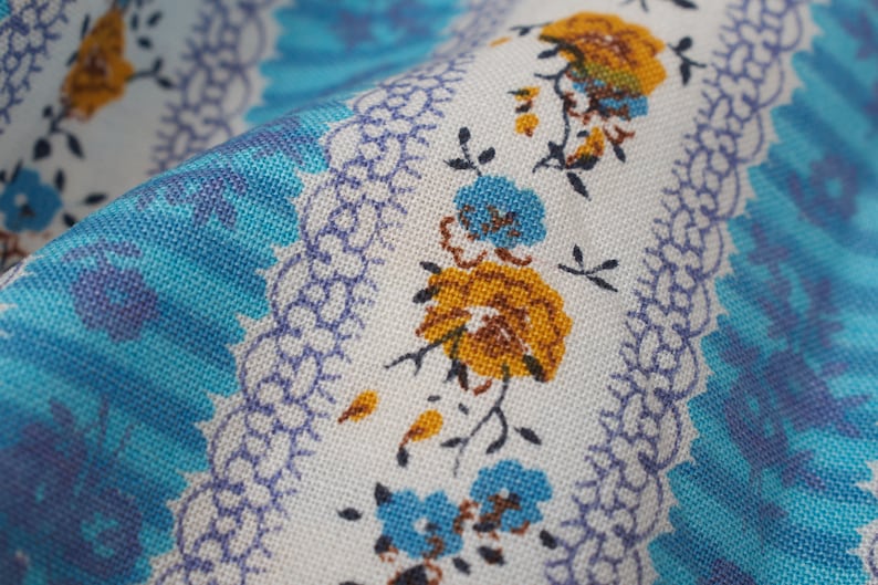 1960s Vintage Cotton Fabric, Blue Yellow White Floral Stripes, BTY (USA ...
