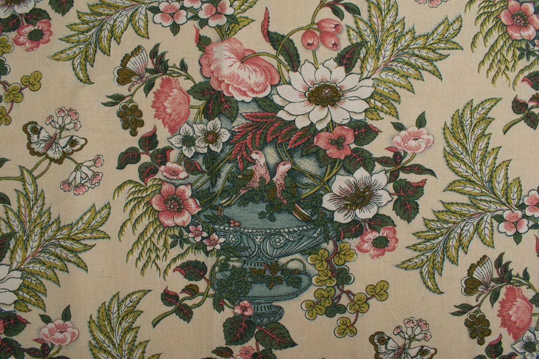 Stunning 1990s Vintage Linen Fabric, Bird and Vase Flowers Bouquet ...