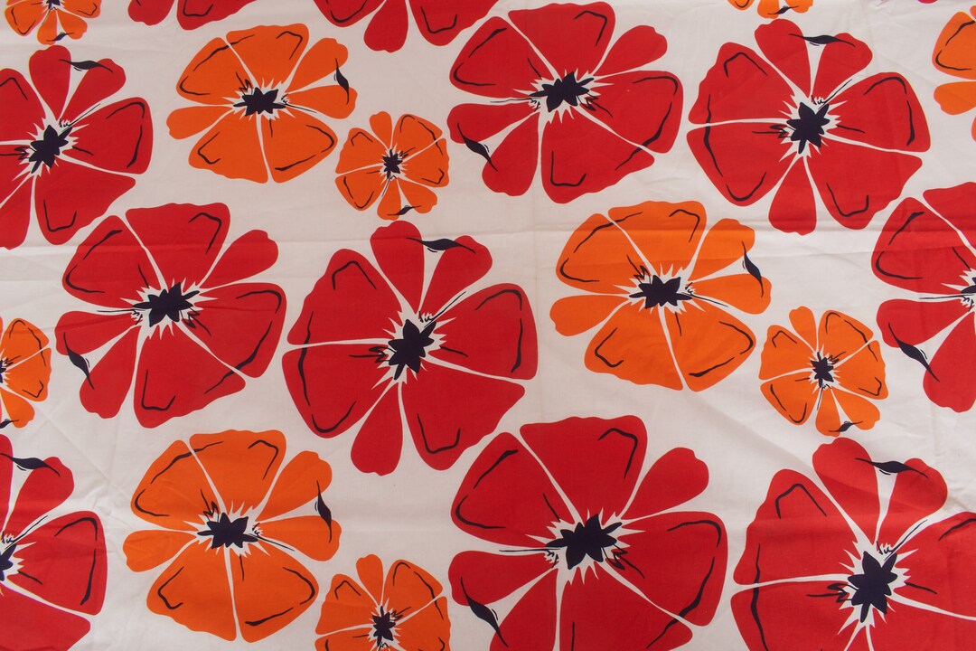 Flower Power 1990s Vintage Cotton Fabric, Orange Red White, Home Decor ...