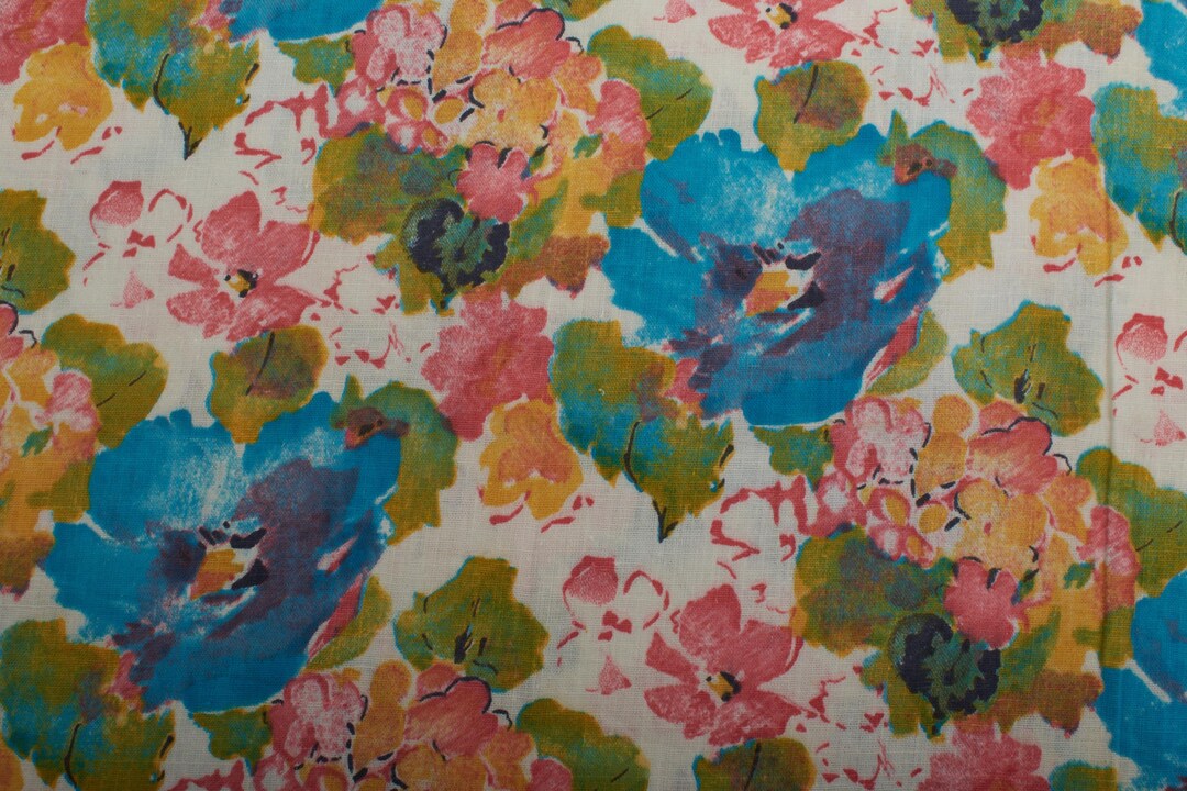 1990s Vintage Cotton Fabric, Large Flowers Blue Yellow Pink, Retro ...