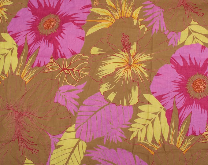 Amazing 1980s Vintage Linen Fabric, Large Hibiscus Flowers Hawaiian ...