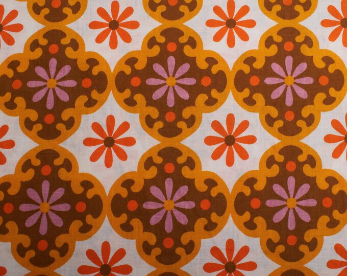 1970s Vintage Cotton Fabric, Decoplus, Geometry Floral Orange White ...