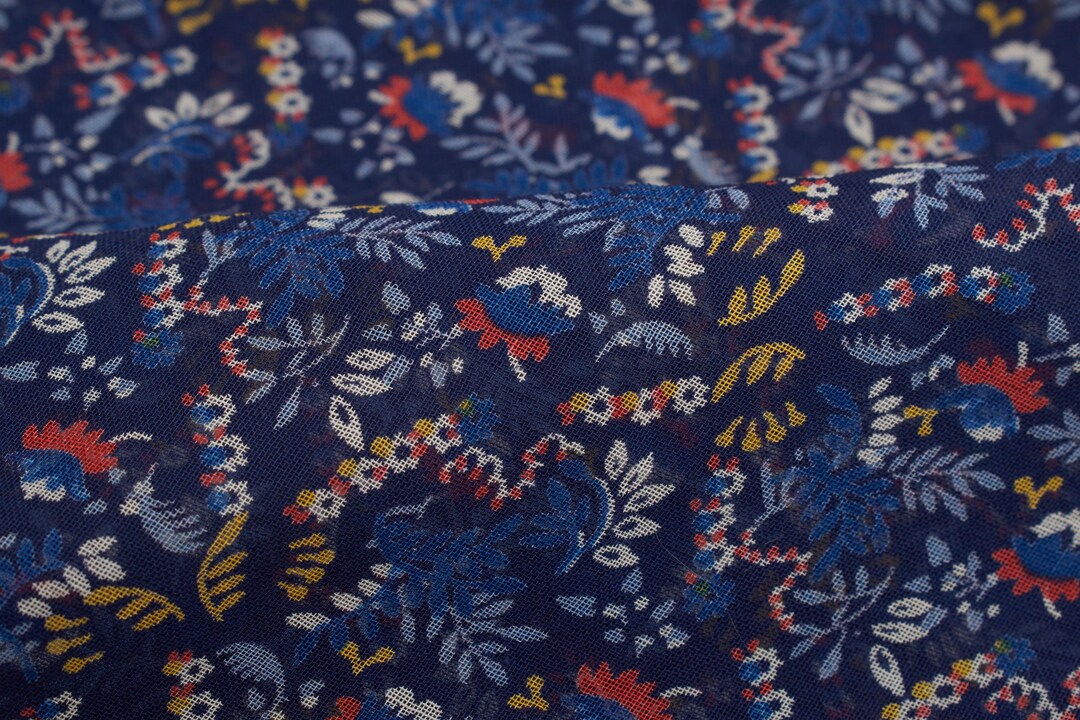 1970s Dark Blue Floral Cotton Batiste Fabric, Vintage Sheer Dressmaking ...